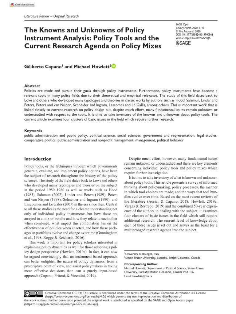 CAPANO, G. e HOWLETT, M. The Knowns and Unknowns of Policy Instrument ...