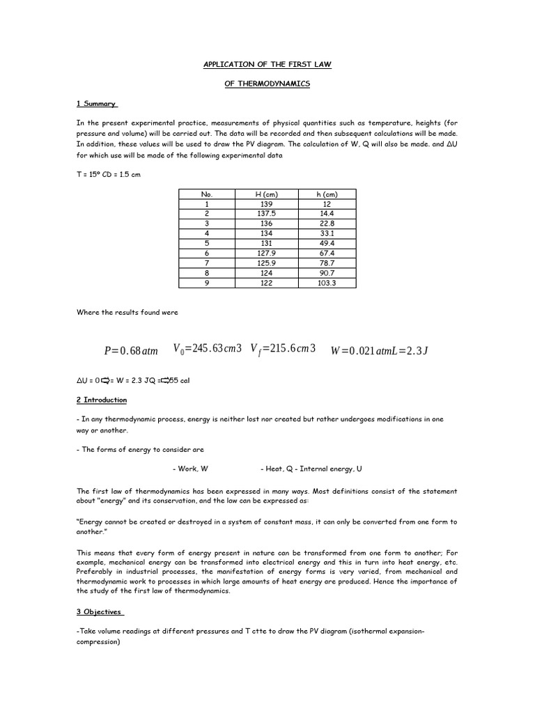 First Law of Thermodynamics Experiment | PDF | Thermodynamics | Heat
