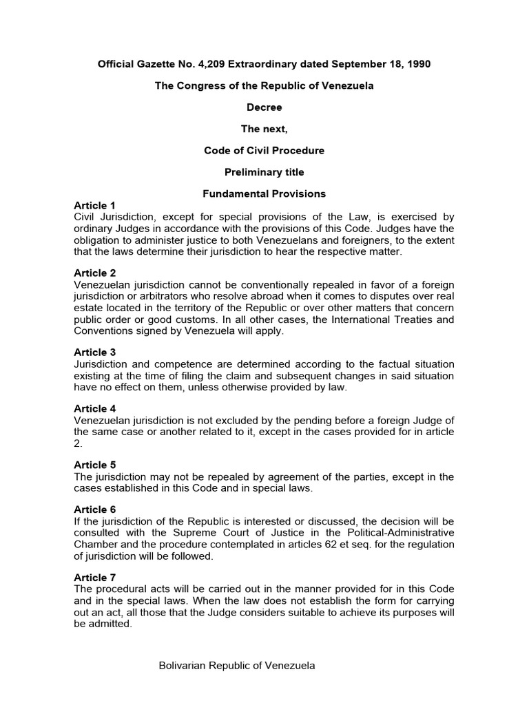 Venezuela Civil Procedure Code Overview | PDF | Jurisdiction | Appeal