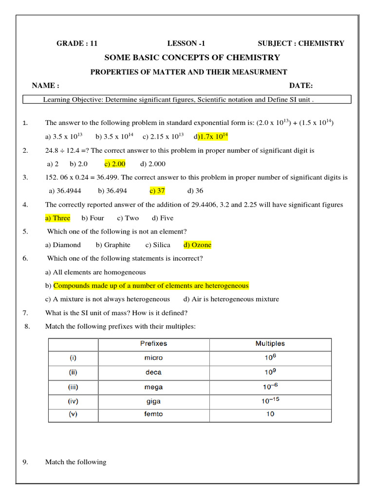 Chemistry Worksheet Chpter 1 Grade 11 | PDF | Mole (Unit) | Stoichiometry
