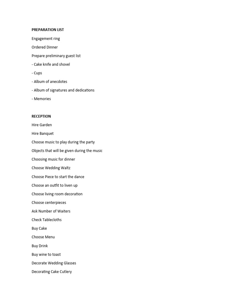 Preparation List | PDF | Wedding | Bride