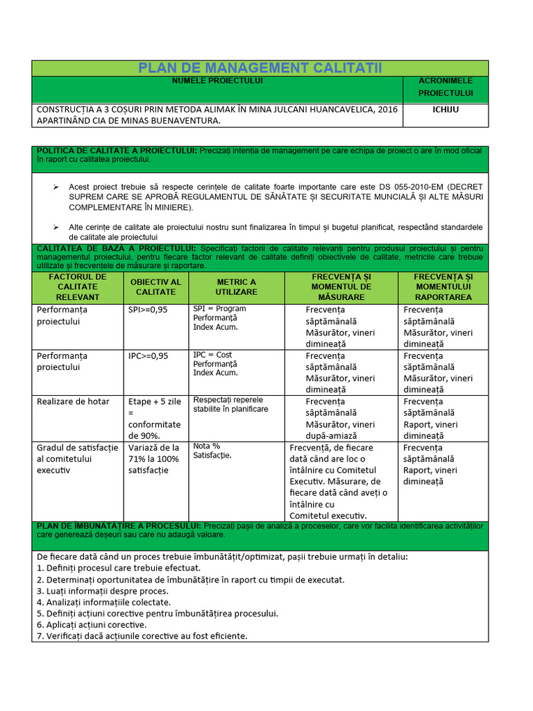 Planul de Management Al Calitatii | PDF