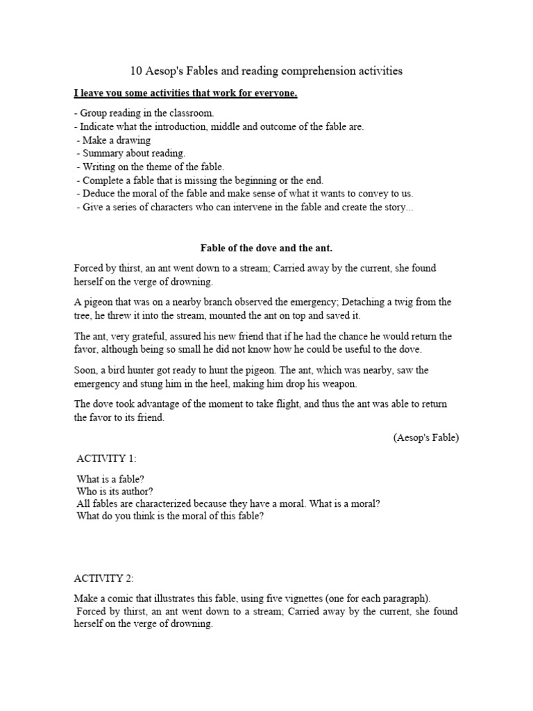 10 Aesop's Fables and Reading Comprehension Activities | PDF | Fable ...