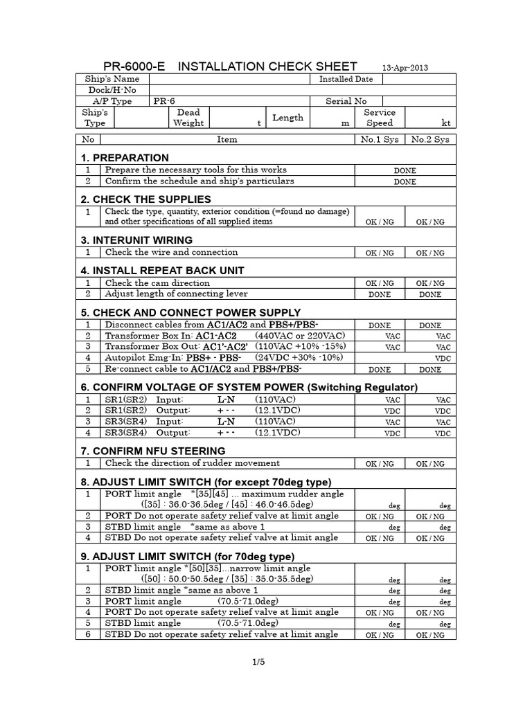 Installation Procedure For PR-6000-E Checksheet 20130413 | PDF ...