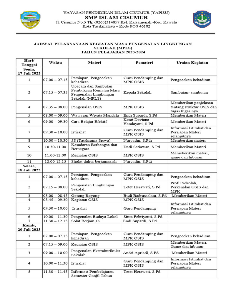 Jadwal MPLS 2023-2024 | PDF