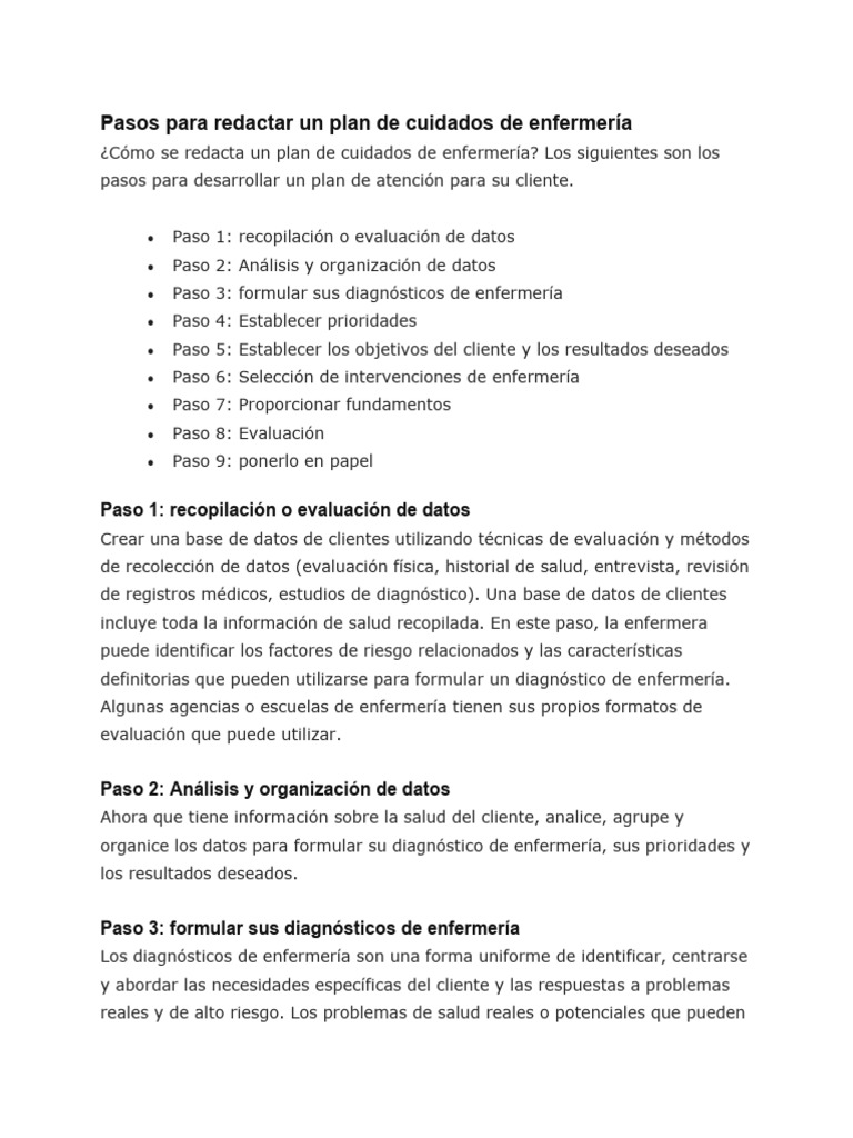 Plan de Cuidados de Enfermería: Guía Paso a Paso | PDF | Enfermería ...