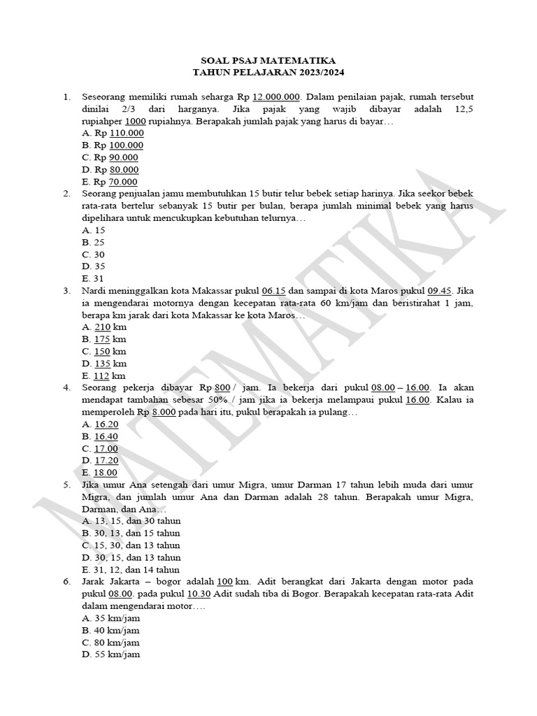 Soal Psaj Matematika 2023-2024 | PDF