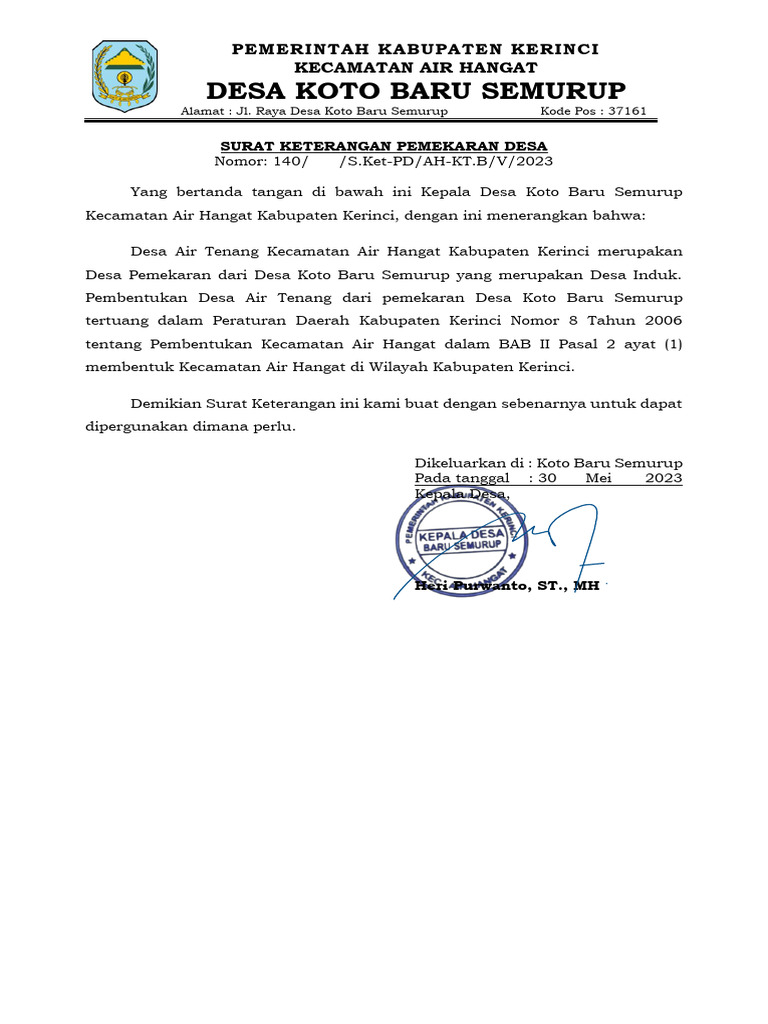 Surat Keterangan Pemekaran Desa | PDF
