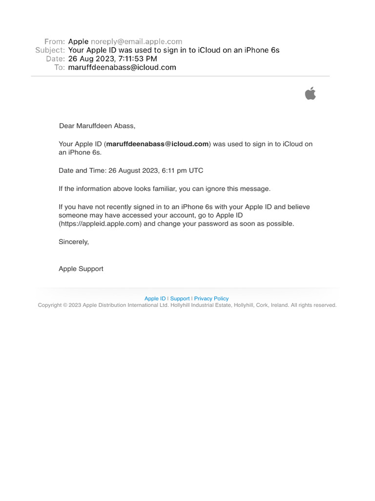 Your Apple ID Was Used To Sign in To ICloud On An Iphone 6s | PDF