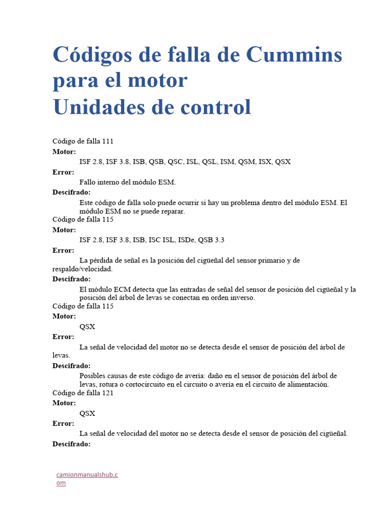 Códigos de Falla de Cummins Engine ISF 2.8, ISB, ISC, ISLe, 4ISBe, 6ISBe, ISDe, ISM, QSM, ISX ...