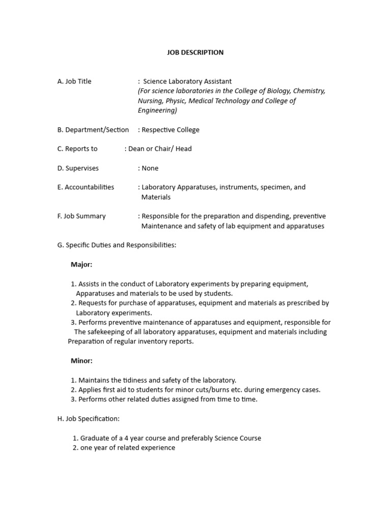 JOB DESCRIPTION-Laboratory Assistant | PDF | Laboratories | Science JOB DESCRIPTION-Laboratory Assistant | PDF | Laboratories | Science