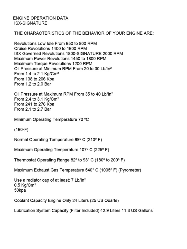 Isx ENGINE OPERATION DATA | PDF | Engines | Mechanical Engineering