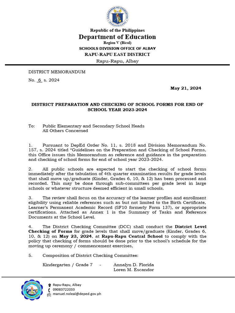 District Memo No. 6 S. 2024 | PDF | Memorandum
