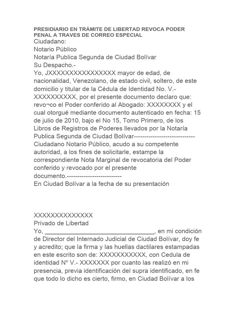 Presidiario en Trámite de Libertad Revoca Poder Penal A Traves de ...