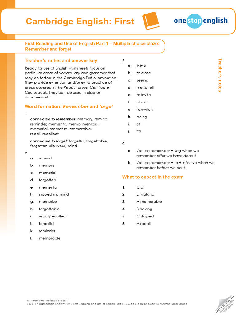 First Reading and Use of English Part 1 - Remember and Forget ...