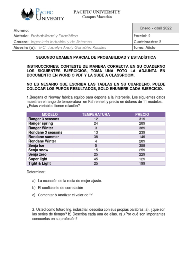 Examen Estadistica 2 | PDF | Matemáticas Aplicadas