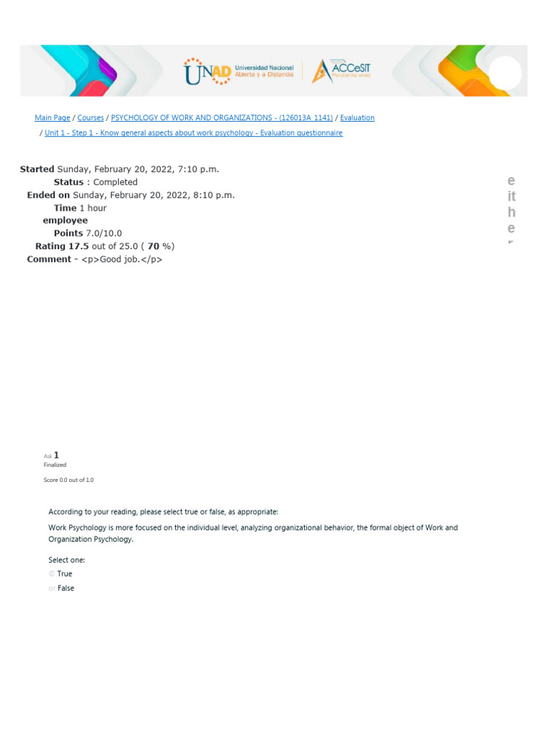Unit 1 - Step 1 - Know General Aspects of Work Psychology - Evaluation ...