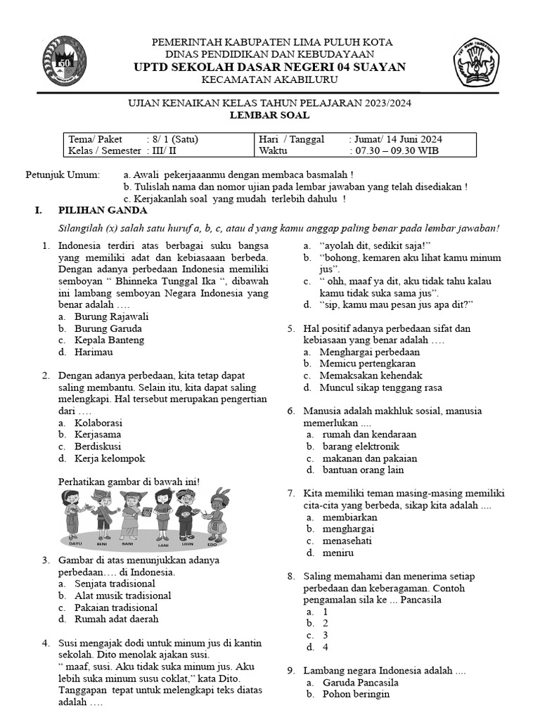 Soal Ukk Tema 8 Paket 1 Kelas 3 TP 2024 (Autorecovered) | PDF