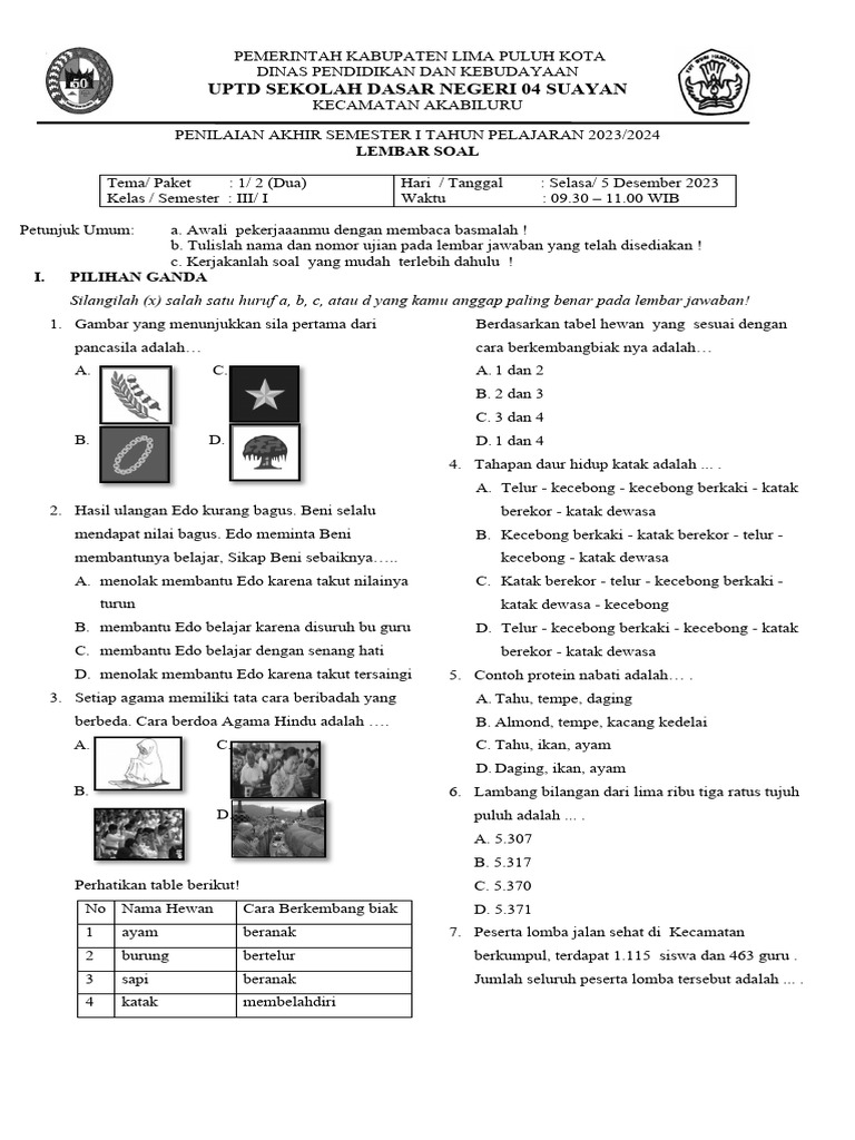 Soal Pas Kelas 3 Tema 1 | PDF