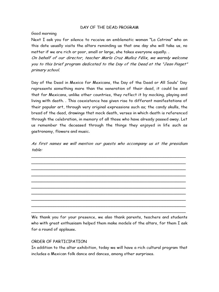Day of The Dead Program Jean Piaget Elementary School | PDF