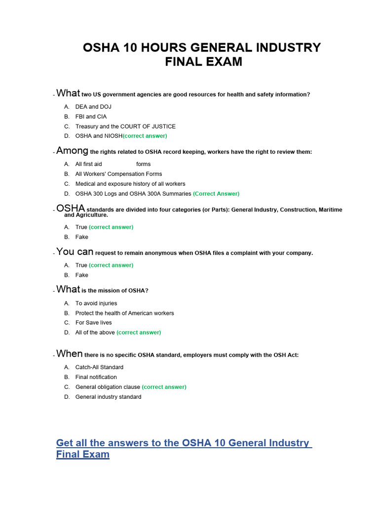 OSHA 10 Exam Answers Guide | PDF | Occupational Safety And Health ...