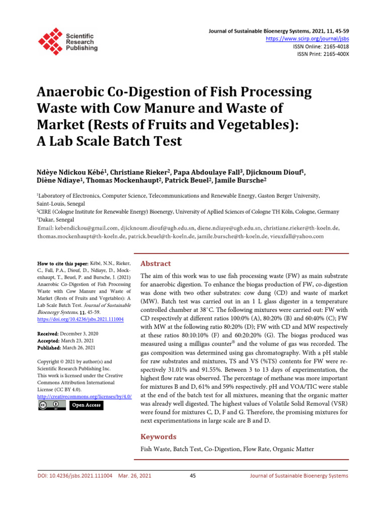 2021 - Kebe - Anaerobic Codigestion of Fish Processing Waste With Cow ...