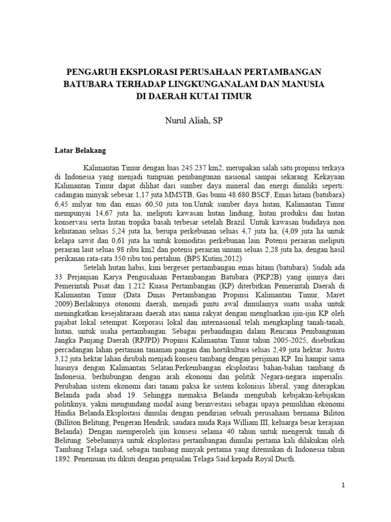 Pengaruh Eksplorasi Perusahaan Pertambangan Batubara Terhadap Lingkungan Alam Dan Manusia | PDF
