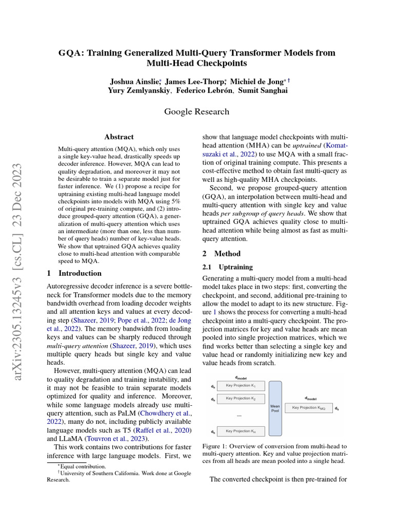 GQA: Training Generalized Multi-Query Transformer Models From Multi-Head Checkpoints | PDF ...