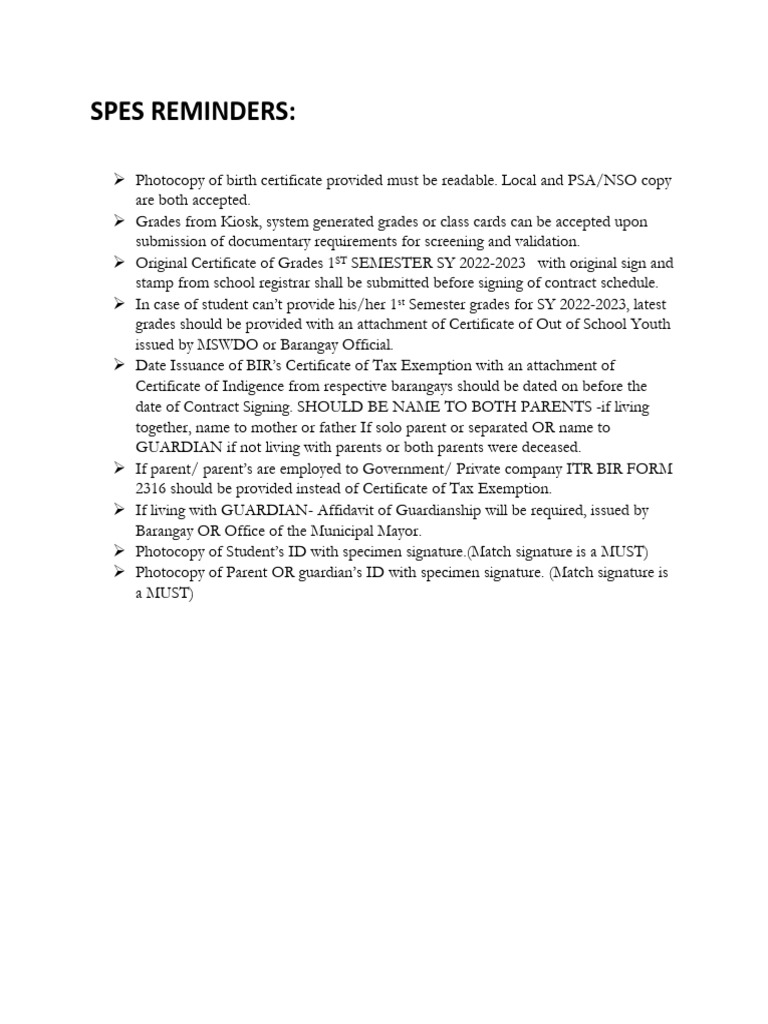 Spes Requirements Reminders | PDF | Wellness