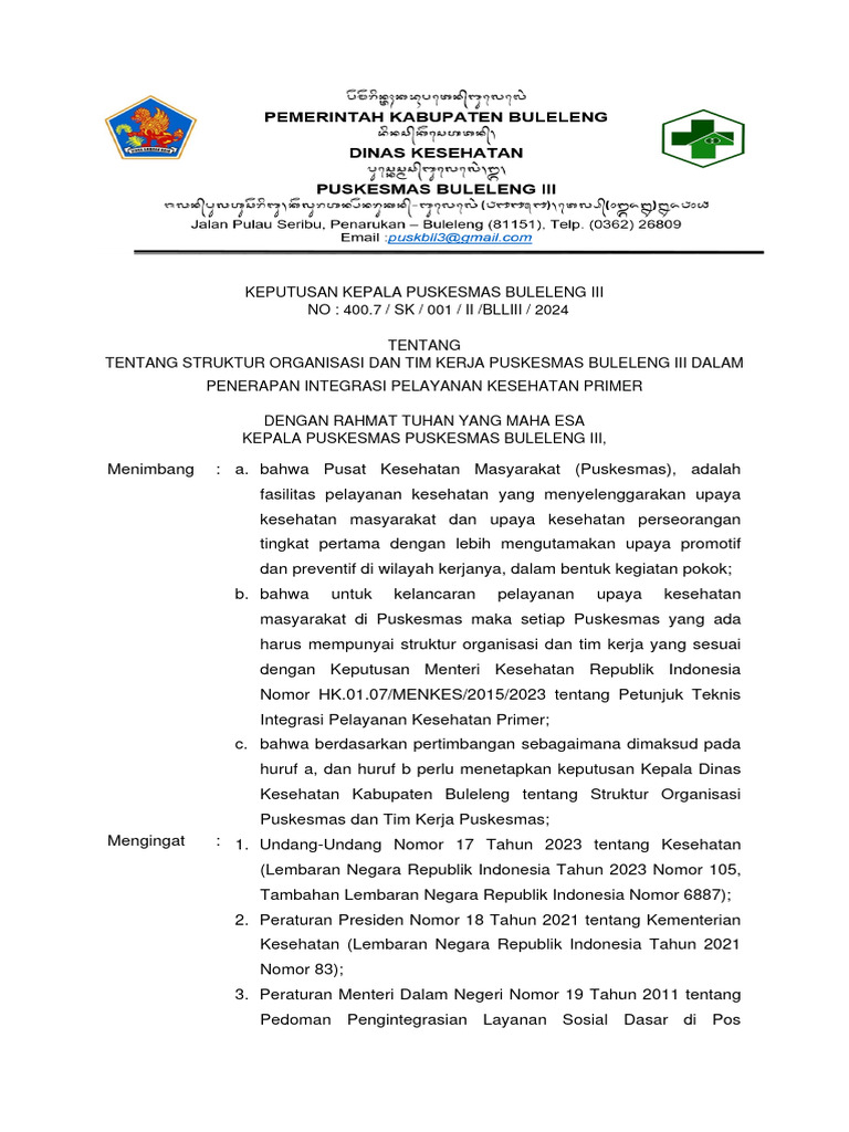 SK Struktur Organisasi Dan Tim Kerja Ilp Puskesmas Buleleng Iii | PDF