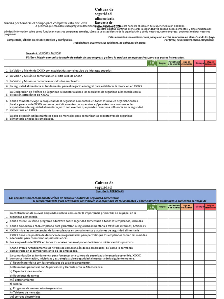 Plantilla de Cuestionario Sobre Cultura de Seguridad Alimentaria 2020 | PDF | Seguridad ...