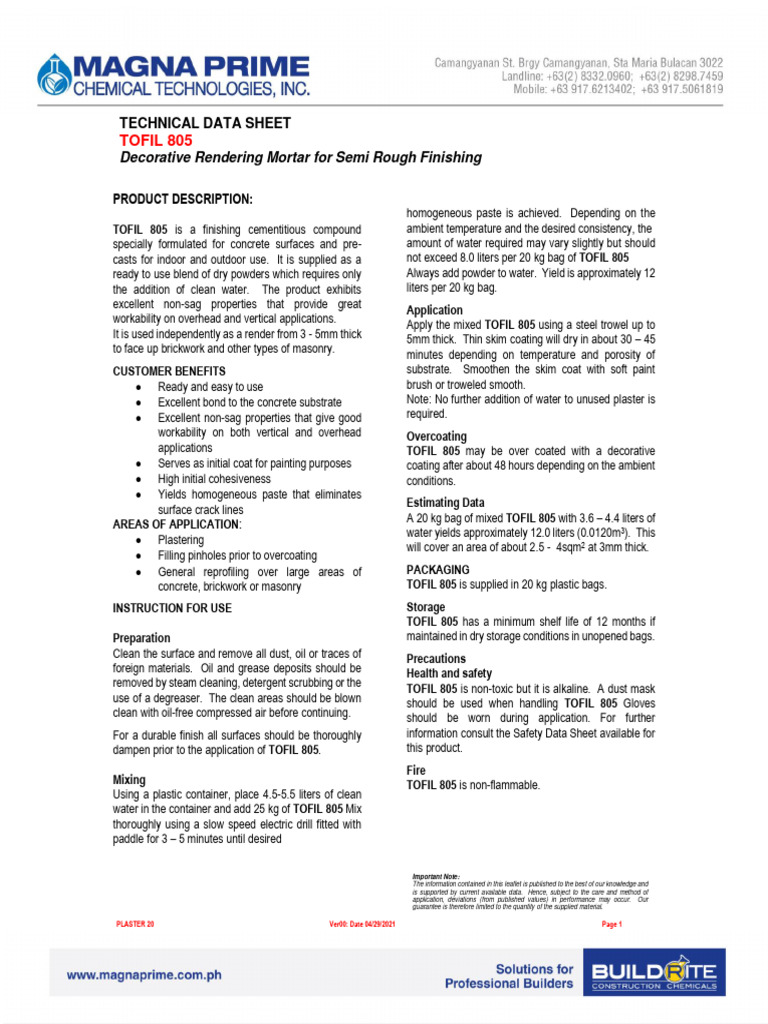 Tds Tofil 805 1 | PDF | Concrete | Plaster
