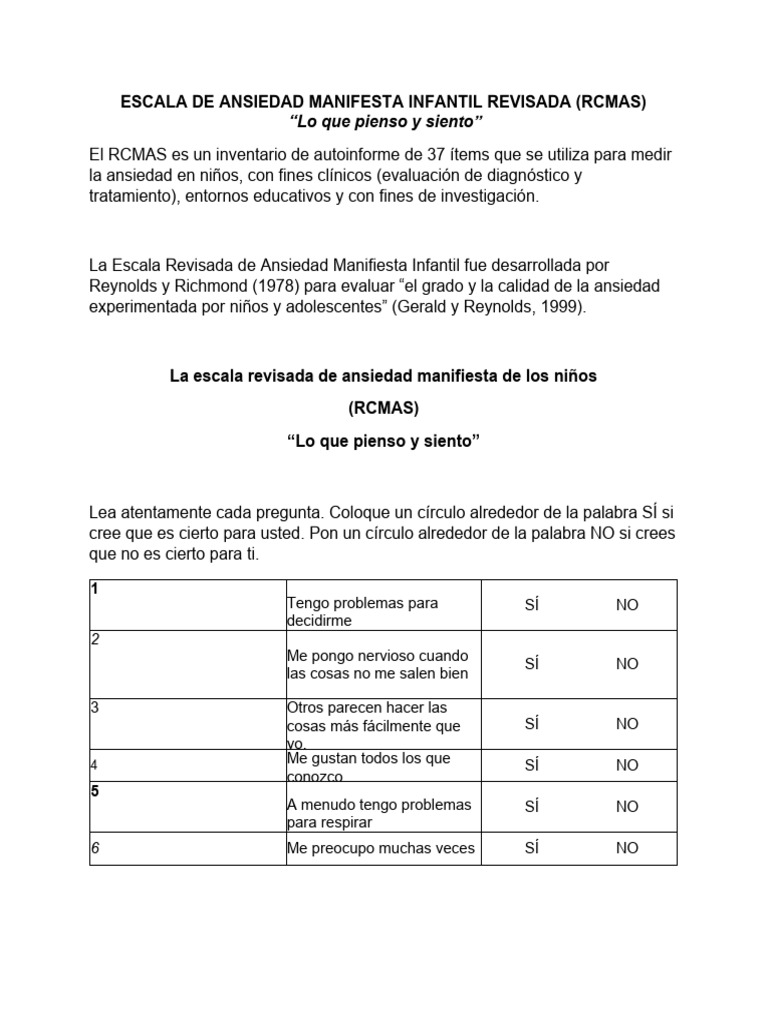 Escala Revisada de Ansiedad Manifiesta Infantil (Rcmas) : "Lo Que ...