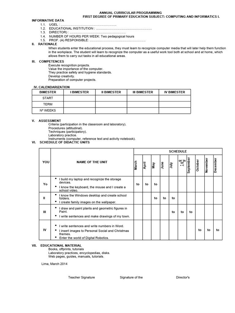 Annual Curriculum Programming First Grade of Primary Education Subject ...