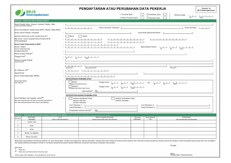 Formulir - 1a - BPJS - Ketenagakerjaan Landscape v2 | PDF