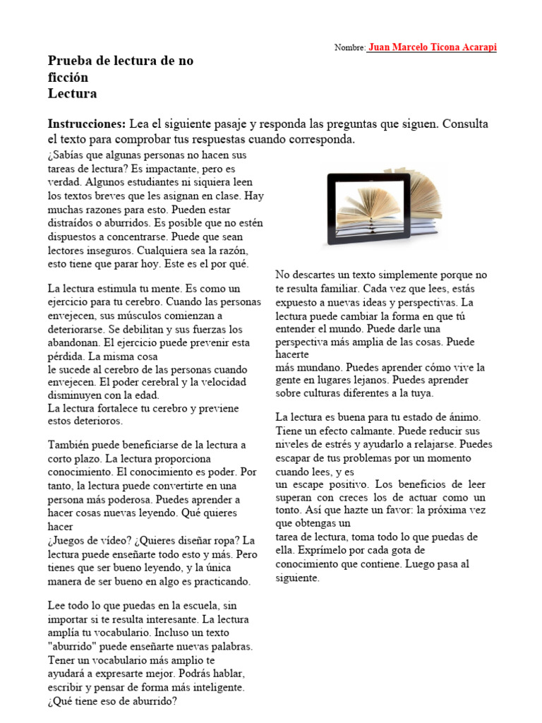 Lectura de prueba de lectura de no ficción: Instrucciones: Lea el ...