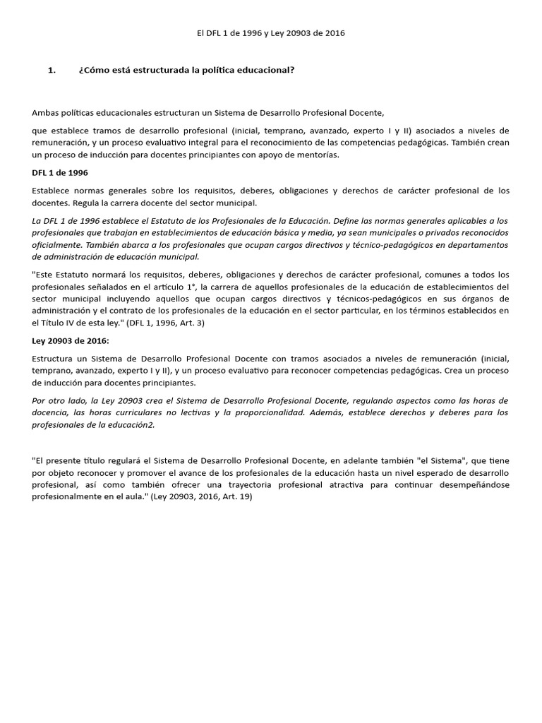 Ley 20903 de 2016 y El DFL 1 de 1996 | PDF | Plan de estudios | Evaluación
