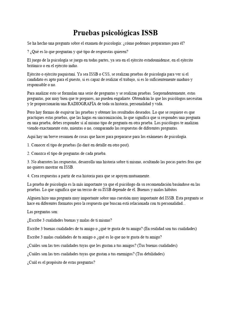 Pruebas Psicológicas ISSB | PDF | Pensamiento | Temor