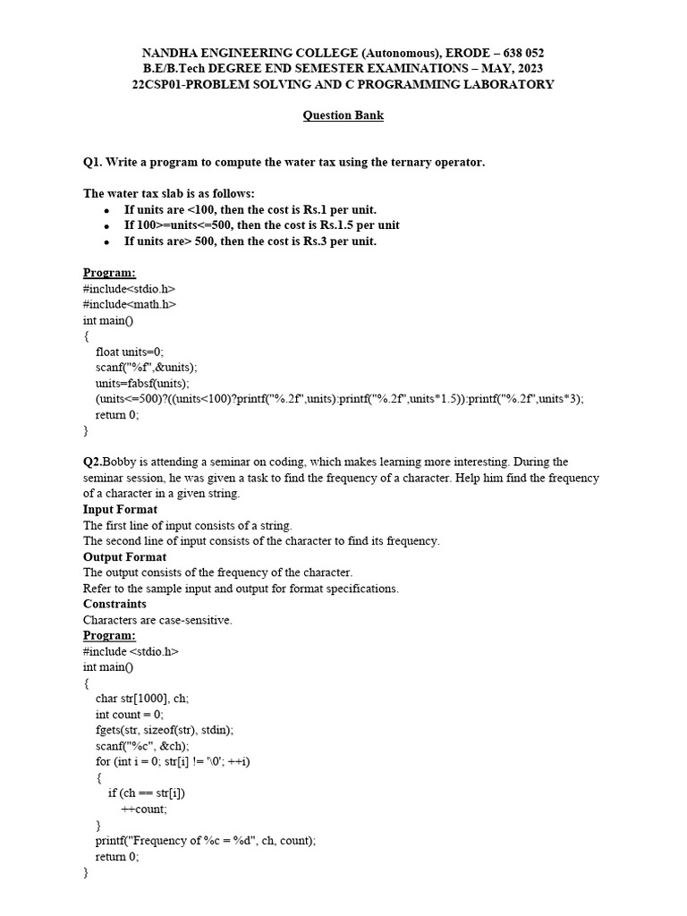 Pscp Lab End Sem Question Bank Pdf Integer Computer Science Computer Programming