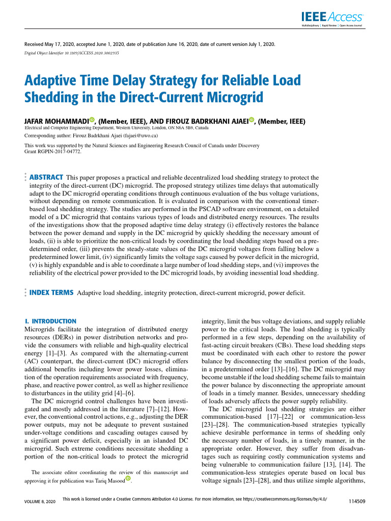 Adaptive Time Delay Strategy For Reliable Load Shedding In The Direct Current Microgrid Pdf
