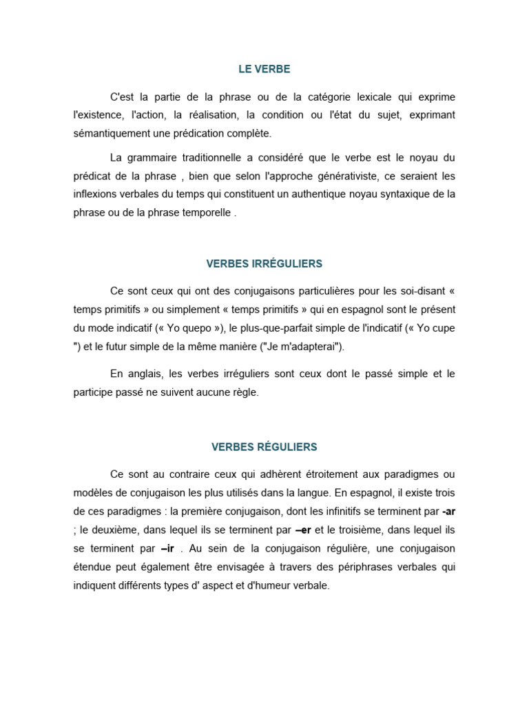 Verbes espagnols : réguliers et irréguliers | PDF | Verbe | Mécanique ...