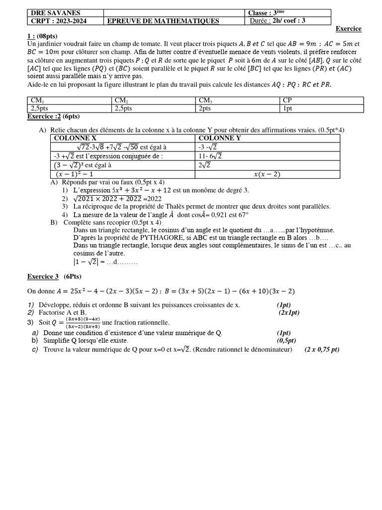 Épreuve de Maths 3ème 2023 | PDF | Fonction trigonométrique | Triangle