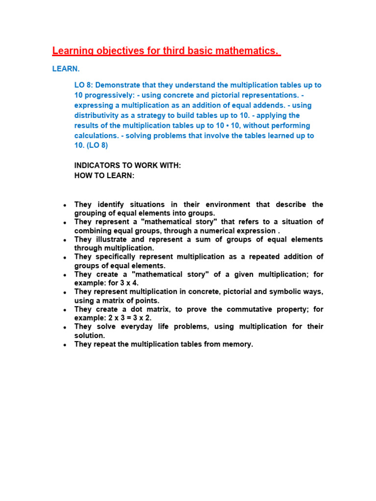 Learning Objectives Third Grade Mathematics | PDF