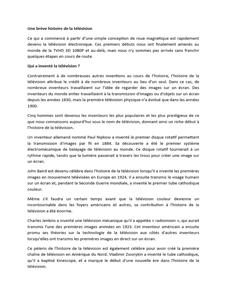 Histoire et invention de la télévision | PDF | Télévision à ultra-haute ...