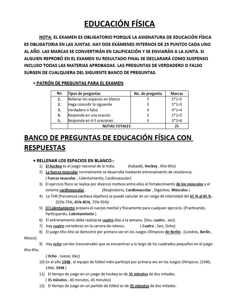 Banco de Preguntas de Educación Física Con Respuestas | PDF | Aptitud física | Músculo