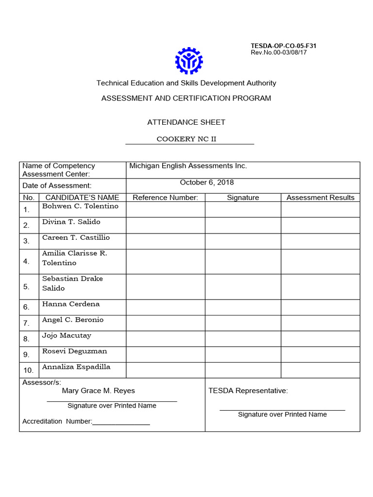 Cookery NC II Assessment Attendance | PDF