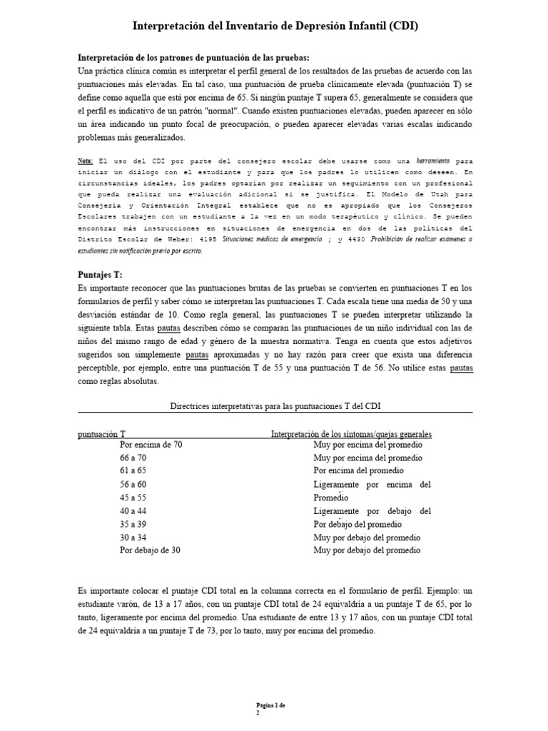Interpretación Del Cdi Del Inventario de Depresión Infantil | PDF | Depresión (estado de ánimo ...