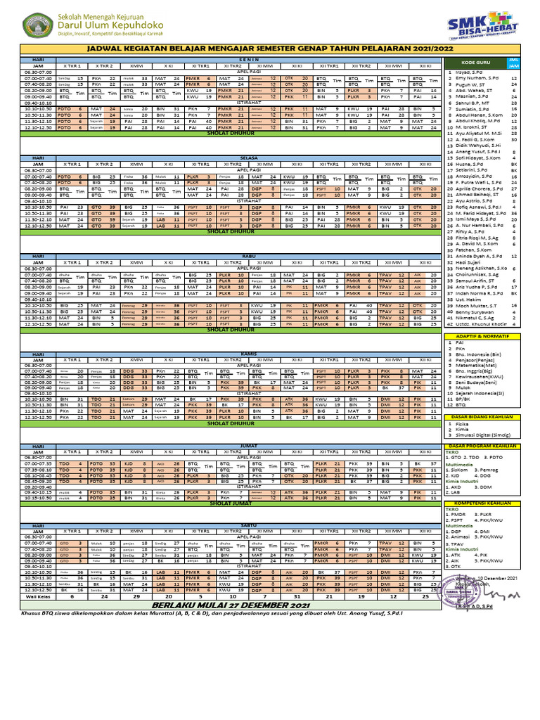 Jadwal Smkdu 2021 - 2022 Semester Genap | PDF