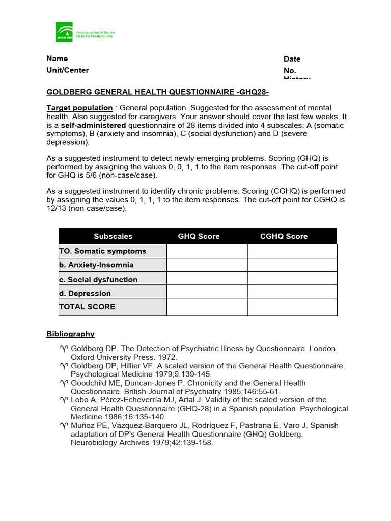 Goldberg Health Questionnaire | PDF | Major Depressive Disorder | Emotions