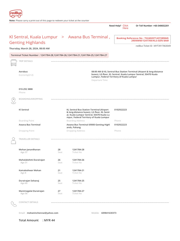 9 KL To Awana Bus Ticket | PDF | Bus | Transport